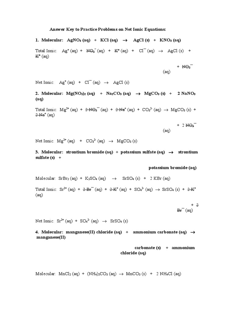 Answer Key To Practice Problems On Net Ionic Equations | PDF