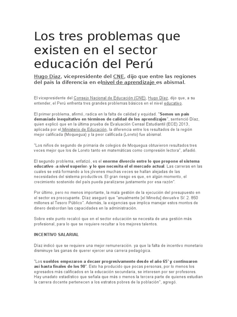 Los Tres Problemas Que Existen en El Sector Educación Del Perú | PDF ...
