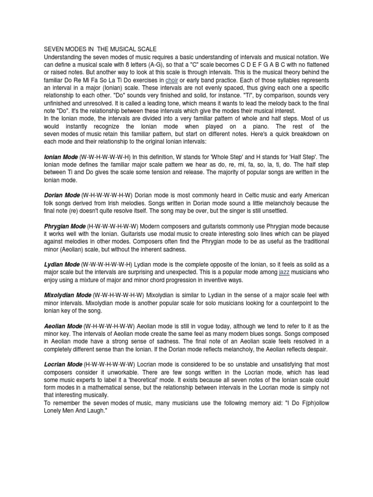 Seven Modes in The Musical Scale | PDF | Mode (Music) | Scale (Music)
