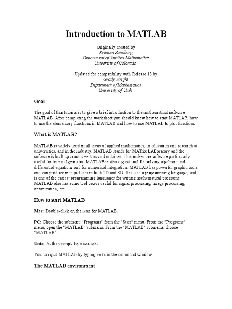Introduction to the Versatile Mathematical Software MATLAB: A Guide ...