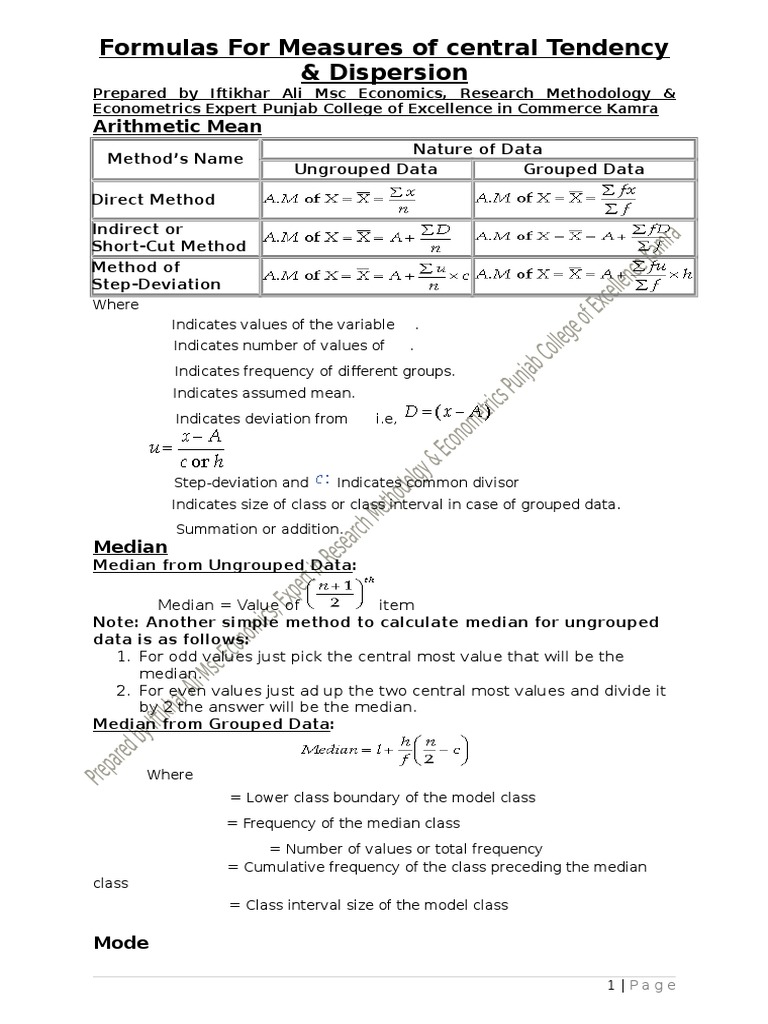 Formulas of Central Tendency & Dispersion | Median | Mode (Statistics)