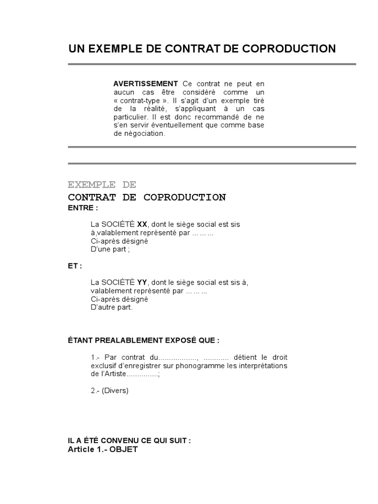 Un Exemple de Contrat de Coproduction | Private Law | Business (General)