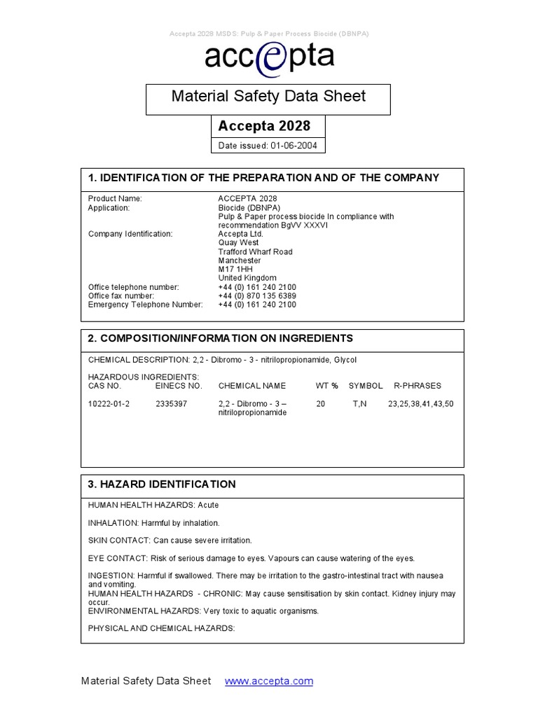 Material Safety Data Sheet: Accepta 2028 | PDF | Toxicity | Magnesium