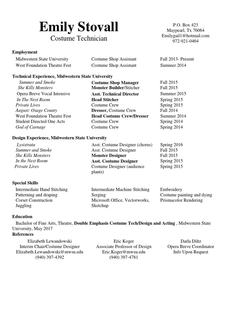 Emily Stovall: Costume Technician Resume | PDF | Career & Growth ...