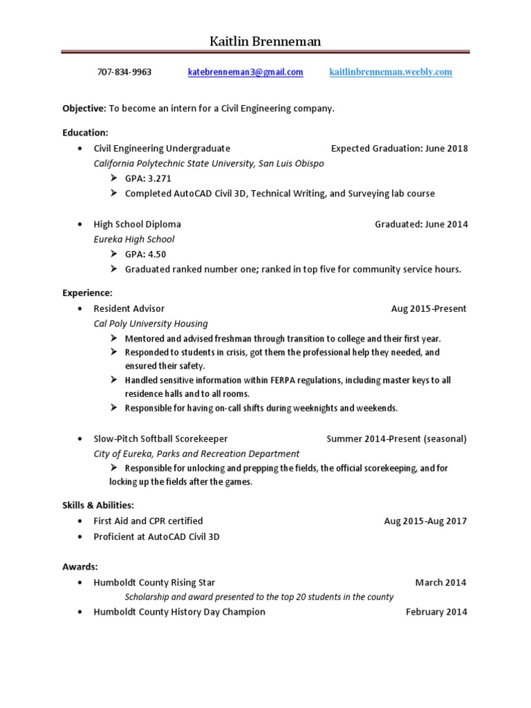 Civil Engineering Internship Resume | PDF