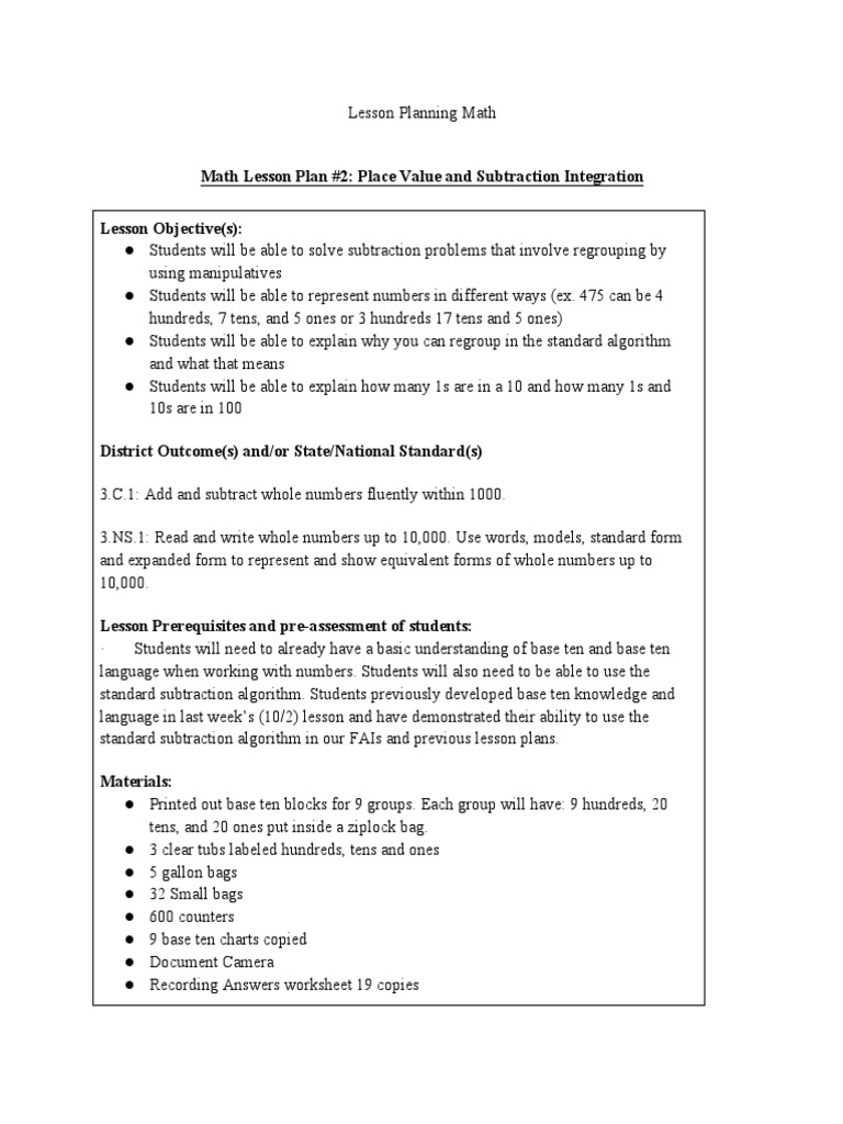 Subtraction with Regrouping Lesson Plan | PDF | Lesson Plan | Subtraction