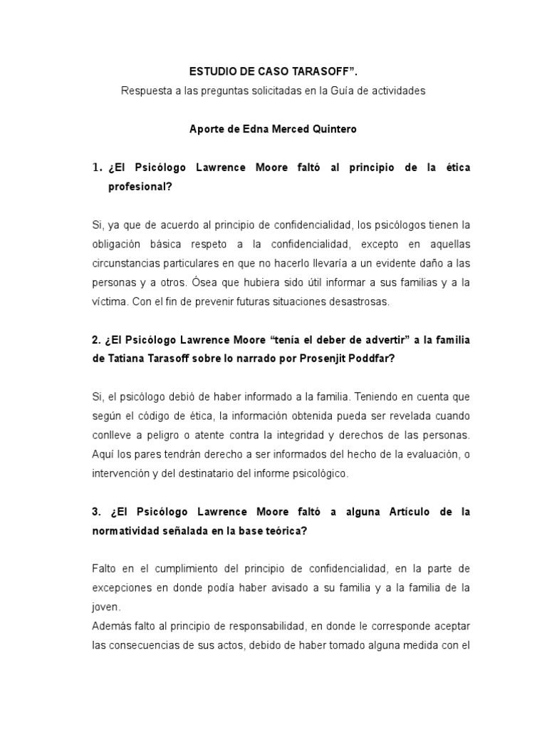 Análisis Ético del Caso Tarasoff | PDF | Caso de estudio | Sicología