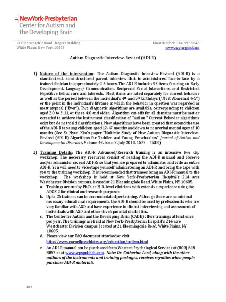 Autism Diagnostic Interview-Revised (ADI-R) | PDF | Autism | Positive ...