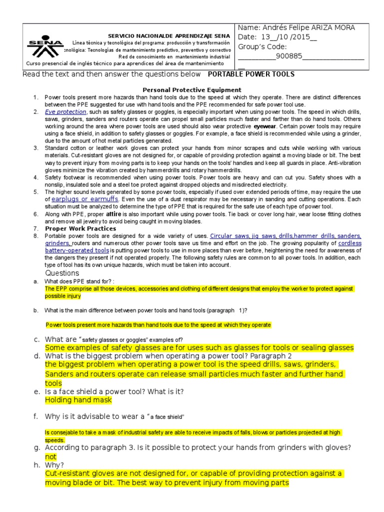 Reading Comprehensión Power Tools | PDF | Personal Protective Equipment ...