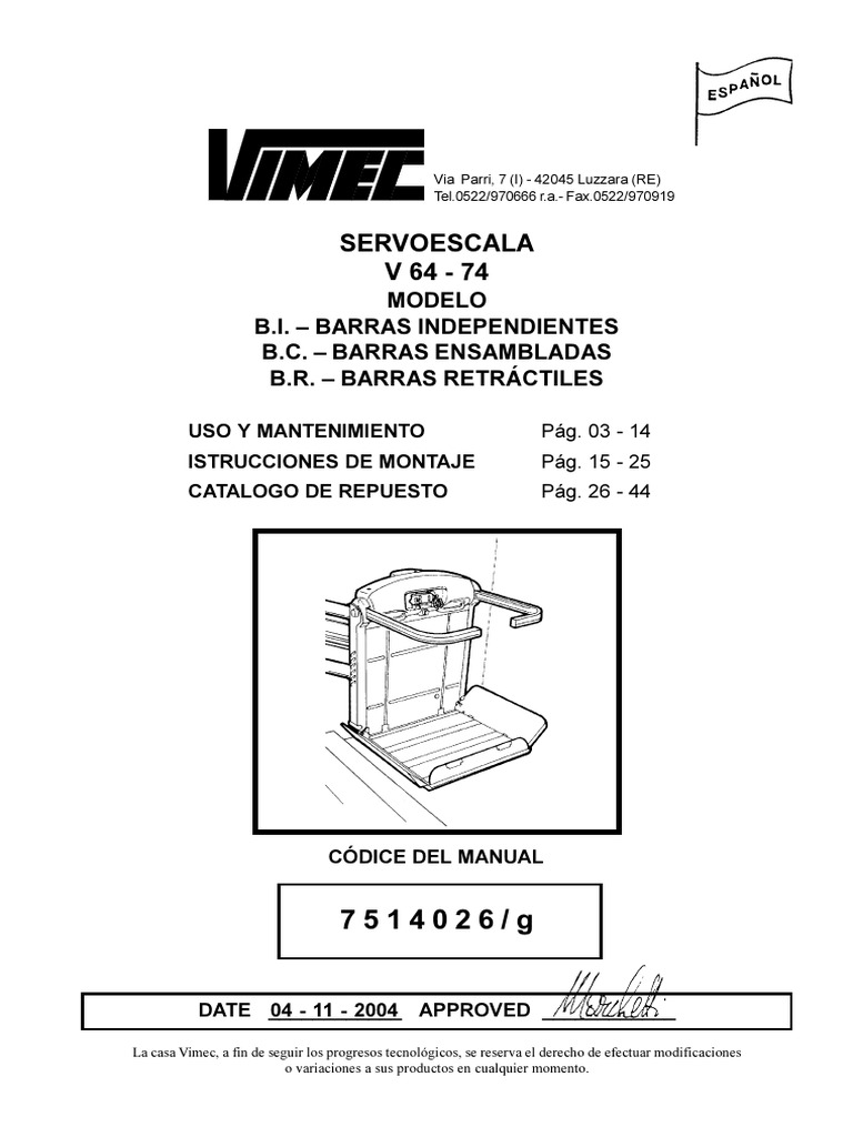 VIMEC (Manual 7514026-G de Mantenimiento de La Silla Salva-Escaleras ...