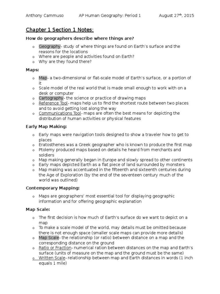 AP Human Geography Notes Chapter 1 Section 1 | PDF | Longitude | Map