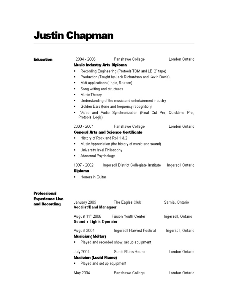 Justinchapman Resume For Music | PDF