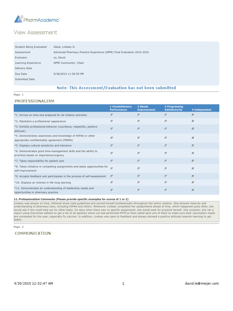 Advanced Pharmacy Practice Experience (APPE) Final Evaluation 2015-2016 For Lindsey Glazes | PDF ...