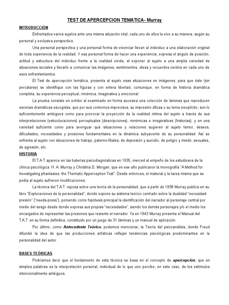 Test de Apercepcion Tematica-Resumen | PDF | Psicoanálisis | Sicología