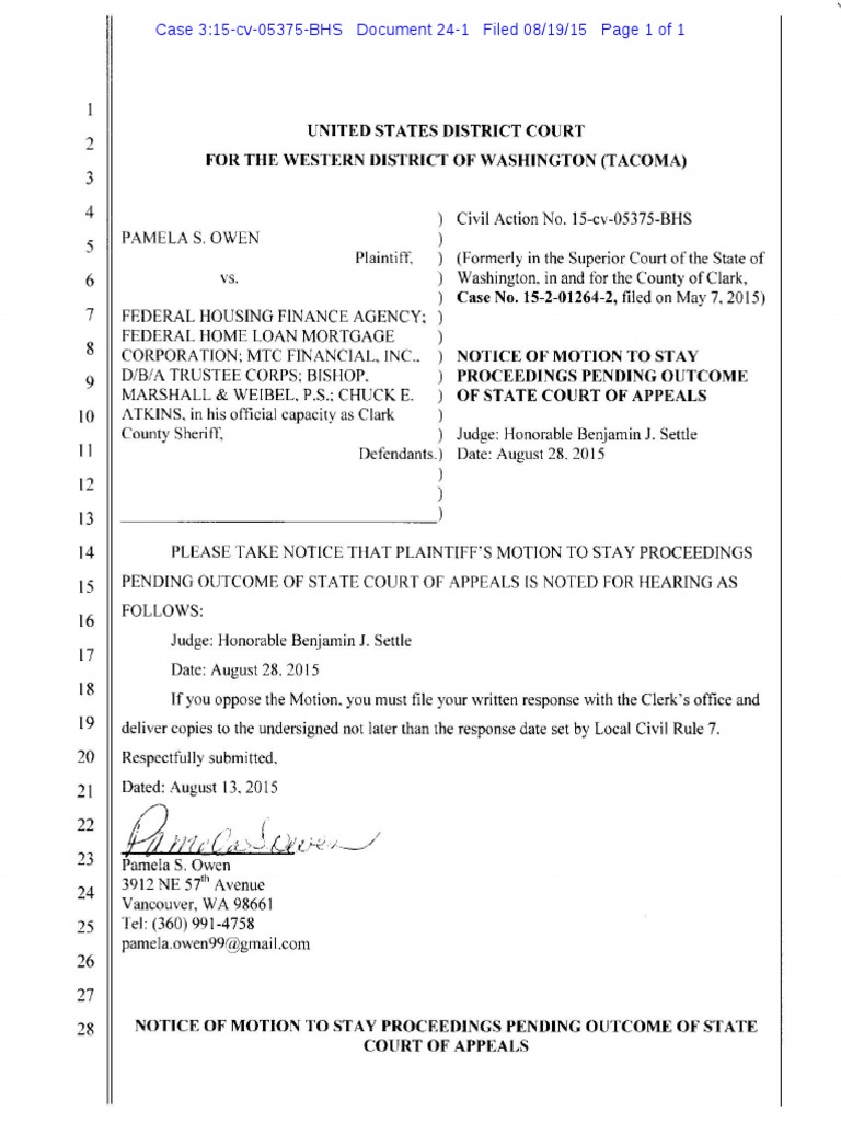 Pamela Owen. Civil Rights. Motion To Stay Proceedings. Document 24-1 | PDF | Politics