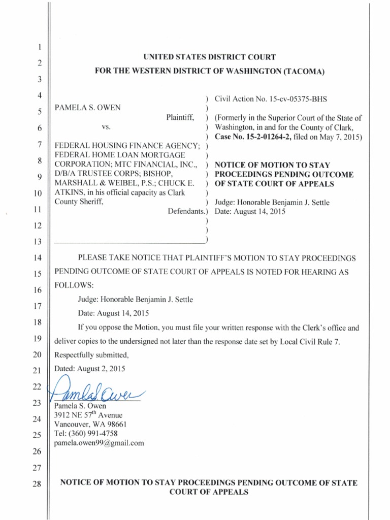 Notice of Motion and Motion To Stay Proceedings Pending Outcome of State Court of Appeals With ...