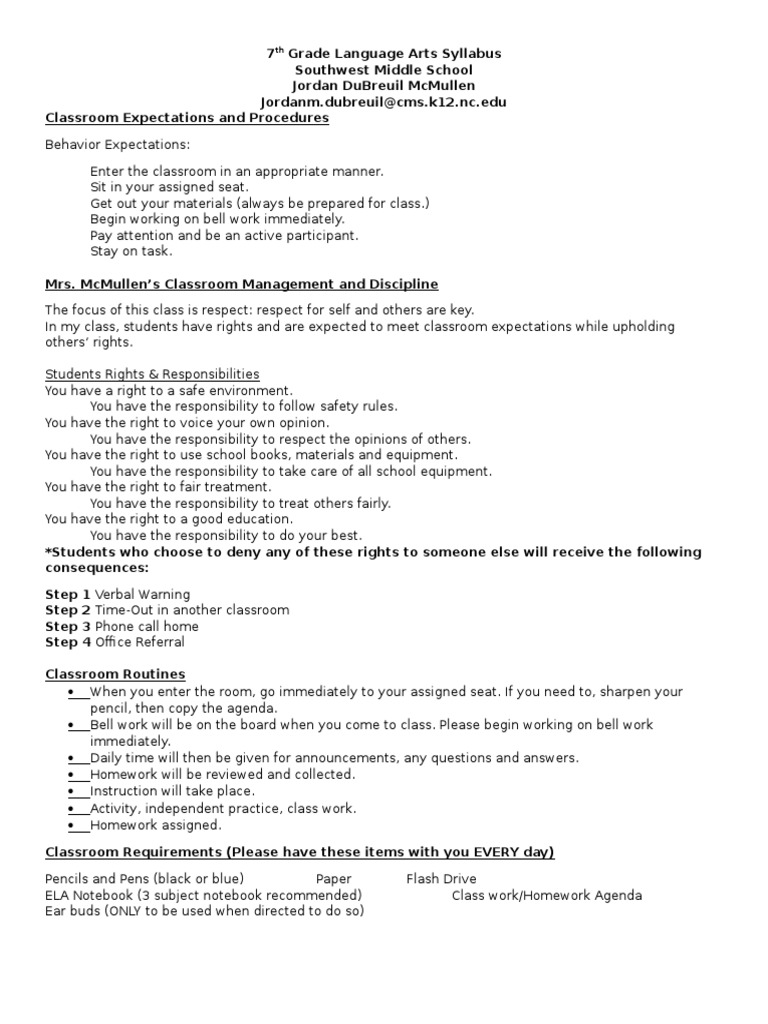 7th Grade Language Arts Syllabus | PDF | Homework | Learning