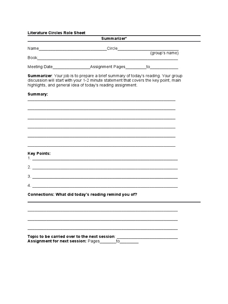 Literature Circles Role Sheet | PDF | Cognition | Communication
