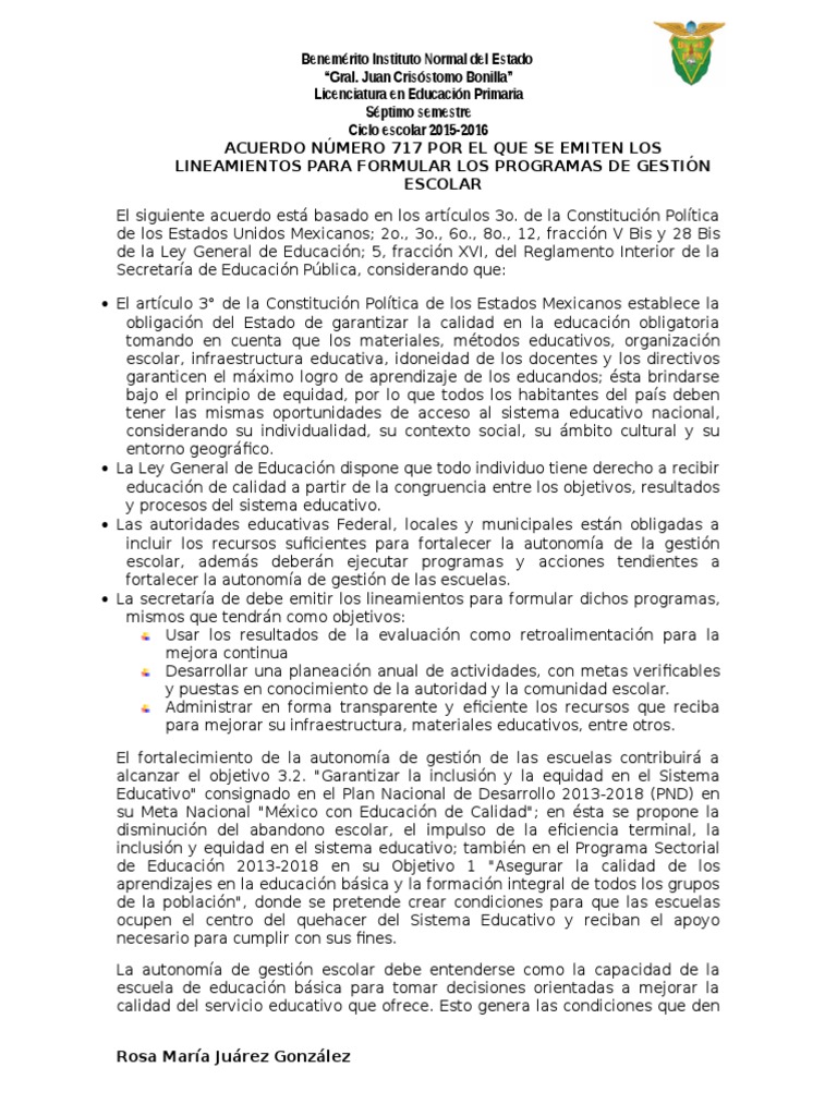 Resumen Acuerdo 717 | PDF | Educación primaria | Calidad (comercial)