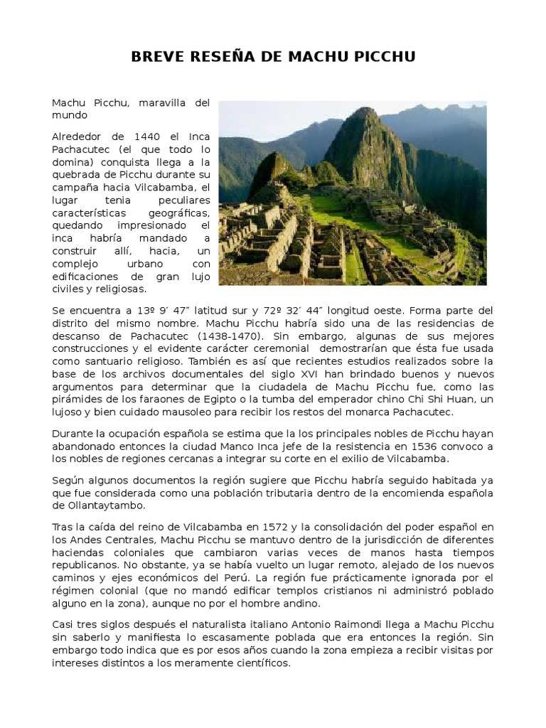 Breve Reseña de Machu Picchu | PDF | Machu Picchu
