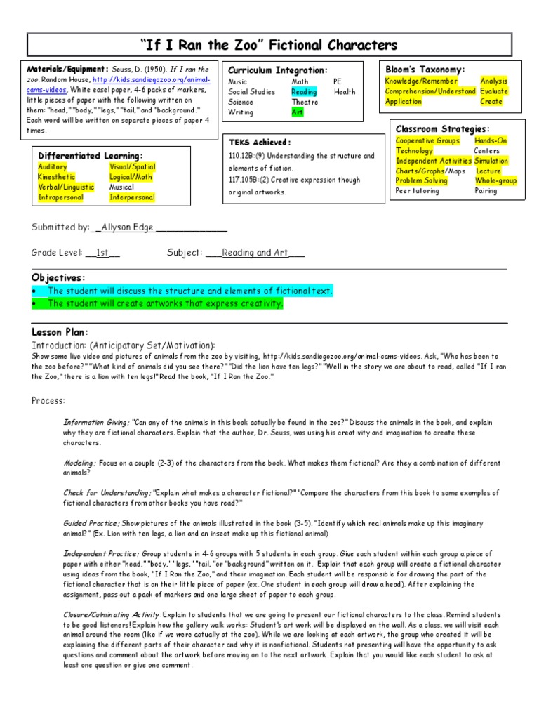 If I Ran The Zoo Lesson Plan | PDF | Educational Assessment | Lesson Plan