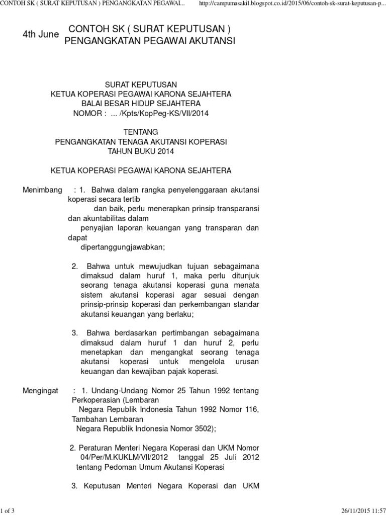 Contoh SK (Surat Keputusan) Pengangkatan Pegawai Akutansi