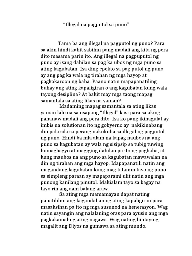 Sanaysay Tungkol Sa Pagpuputol NG Puno | PDF