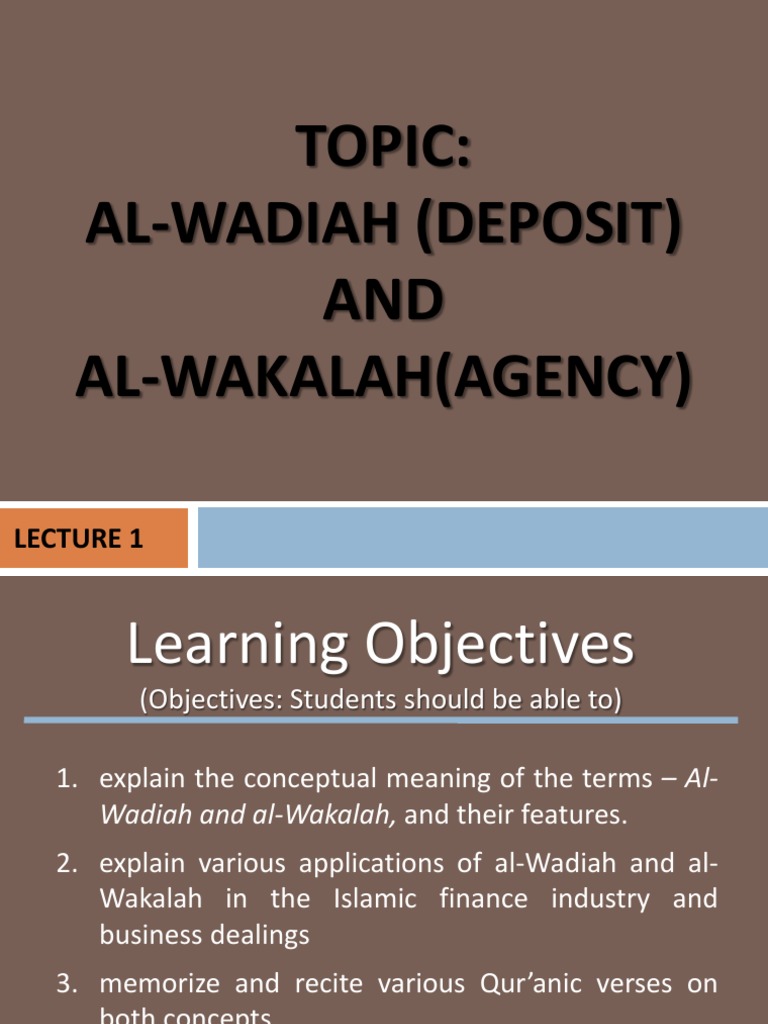 Lecture 1 - Wadiah and Wakalah | PDF | Quran | Islam
