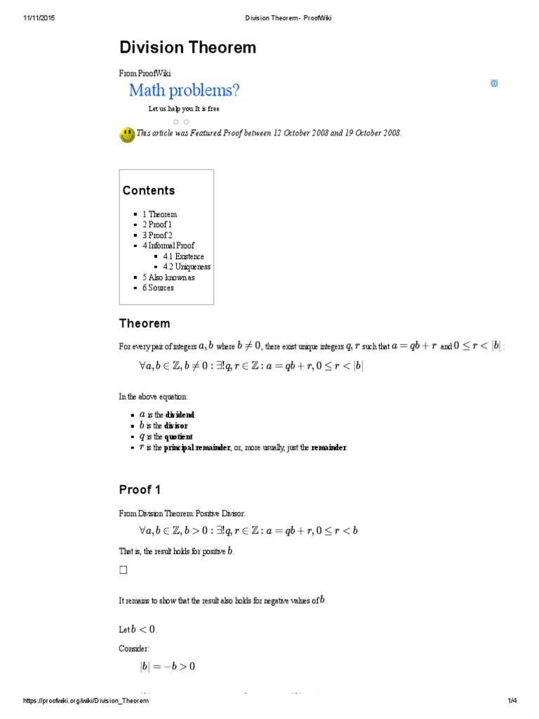 Division Theorem - ProofWiki | PDF | Division (Mathematics) | Integer