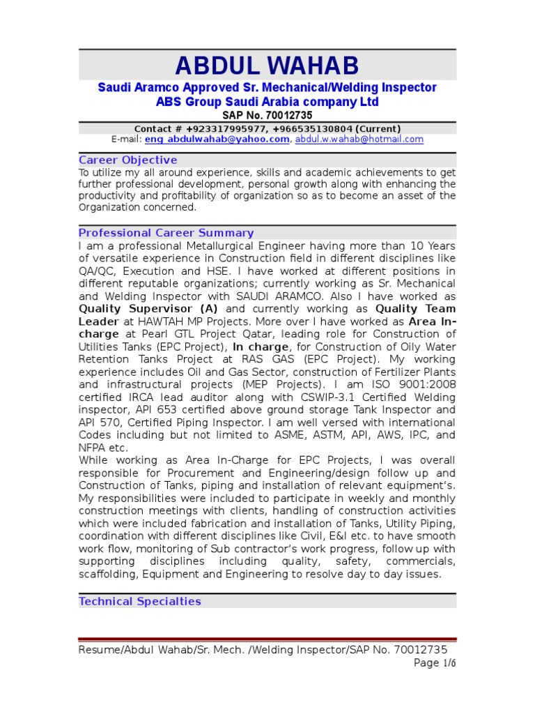 CV Abdul Wahab | PDF | Pipe (Fluid Conveyance) | Nondestructive Testing