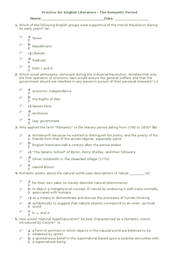 Quiz Literature (Romantic Period 7) | PDF | Gothic Fiction | Romanticism