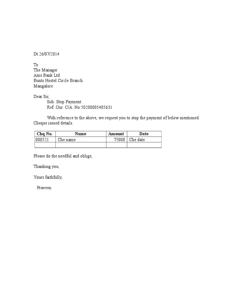 Stop Payment Letter | PDF | Cheque | Economy Of India