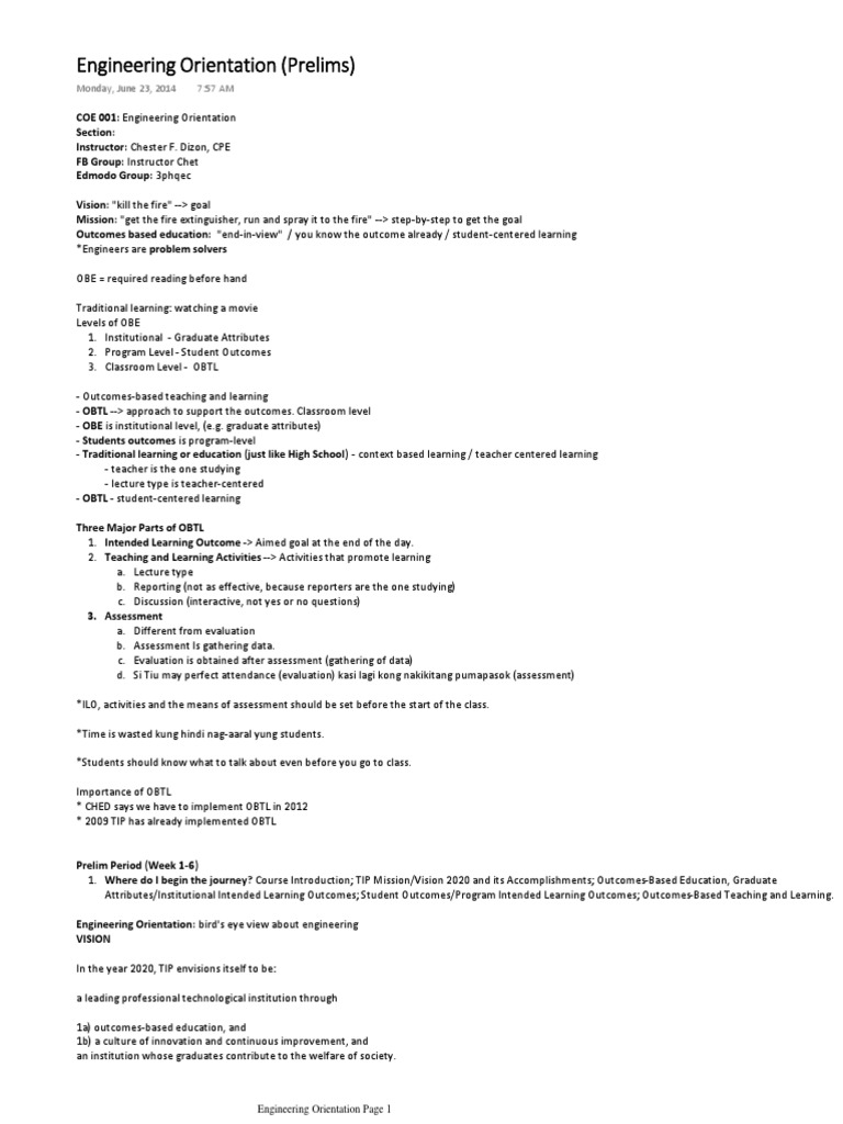 Engineering Orientation COE 001 (TIP Reviewer) | PDF | Engineering ...