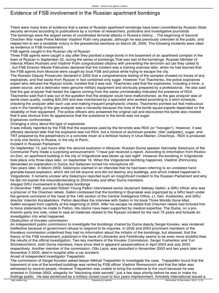 Evidence of FSB Involvement in The Russian Apartment Bombings | PDF ...
