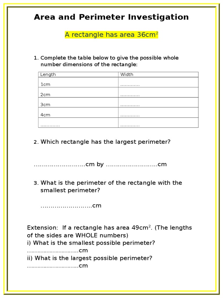 Area and Perimeter Investigation for Class 5 | PDF | Area | Number Theory