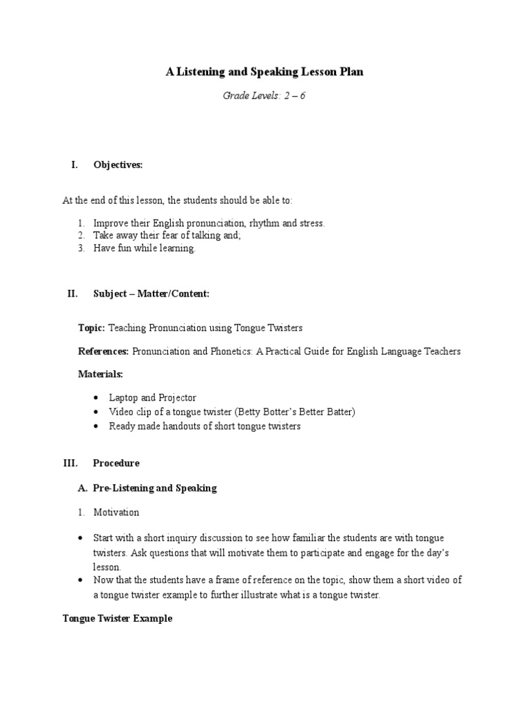 Grade 1 Tongue Twister Lesson Plan | PDF | Lesson Plan | Linguistics