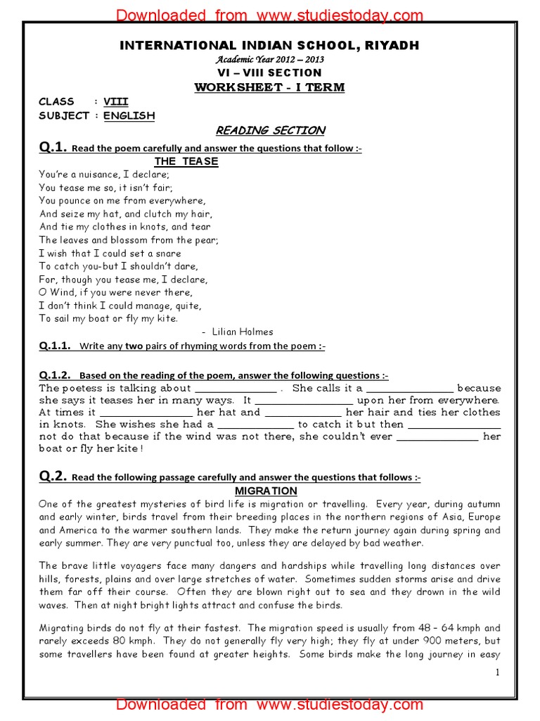 Class 8 English Worksheet - Reading Writing | PDF | Birds | Paravians