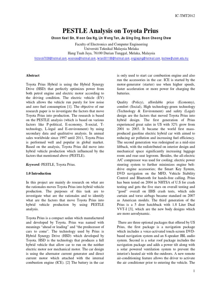 PESTLE Analysis On Toyota Prius | PDF | Plug In Hybrid | Hybrid ...