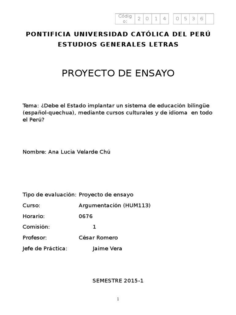 Proyecto de Ensayo Ana Lucia Velarde | PDF | Multilingüismo ...