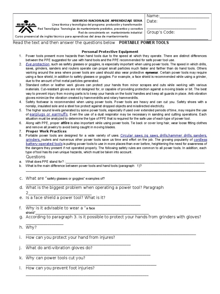 Reading Comprehensión Power Tools | PDF | Personal Protective Equipment ...