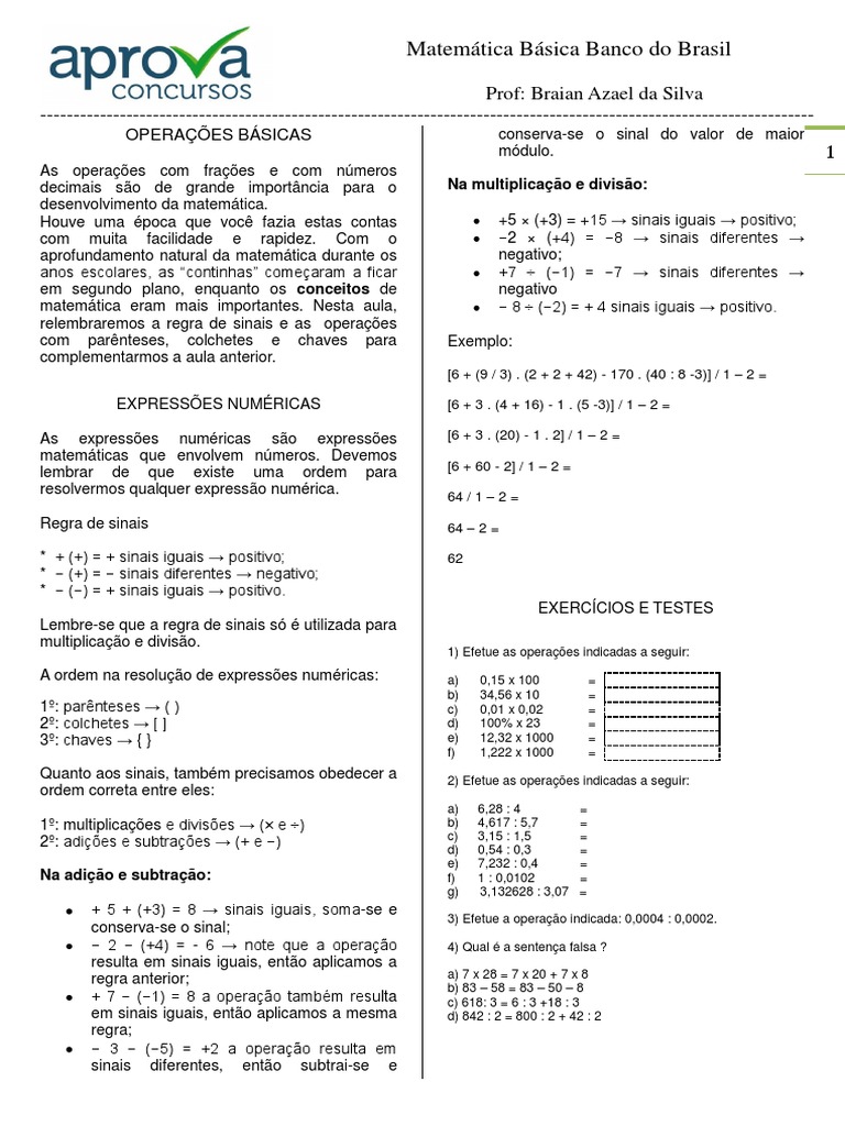 Operações Básicas de Matemática: Regras de Sinais e Resolução de ...