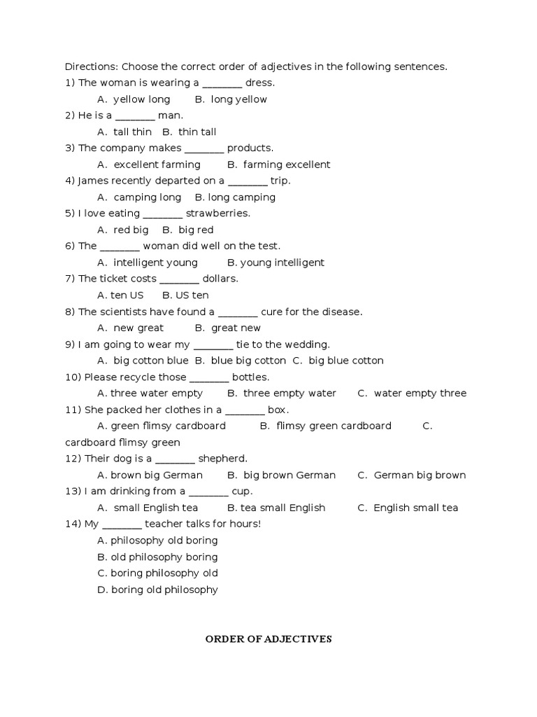 Adjective Order Guidelines and Exercises | PDF | Foreign Language Studies