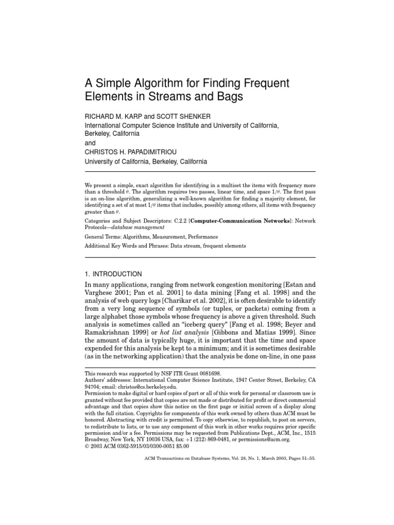 A Simple Algorithm For Finding Frequent Elements in Streams and Bags ...
