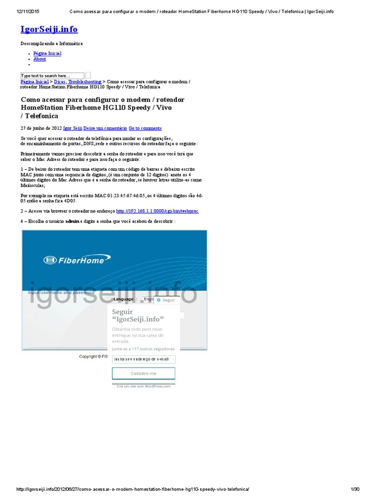 Como Acessar para Configurar o Modem - Roteador HomeStation Fiberhome ...