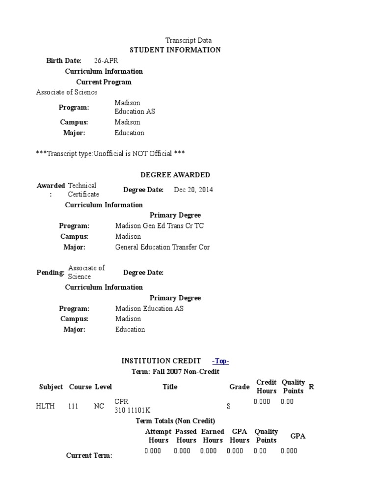 Transcript | PDF | Course Credit | Grading (Education)