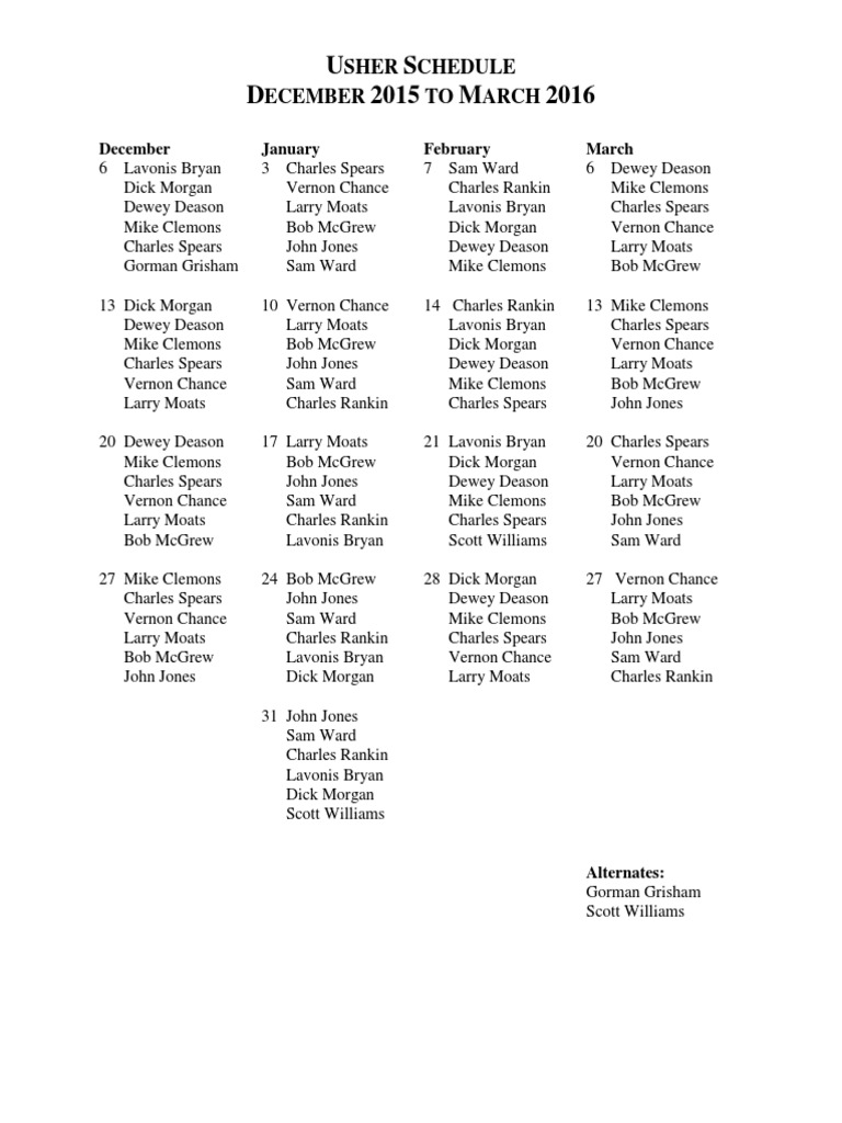 Usher Schedule 2015 | PDF