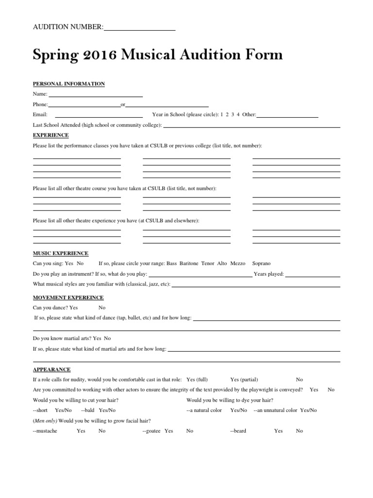 Sp16 Musical Audition Form | PDF | Audition | Entertainment