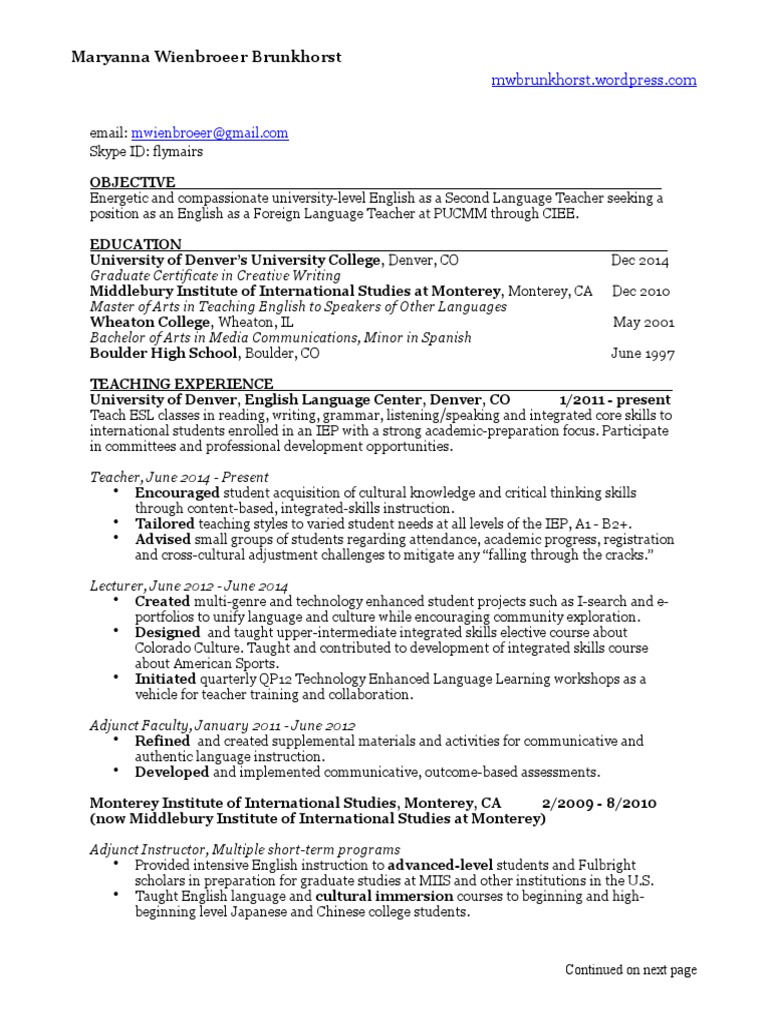MW Brunkhorst Resume - Short | PDF | English As A Second Or Foreign ...