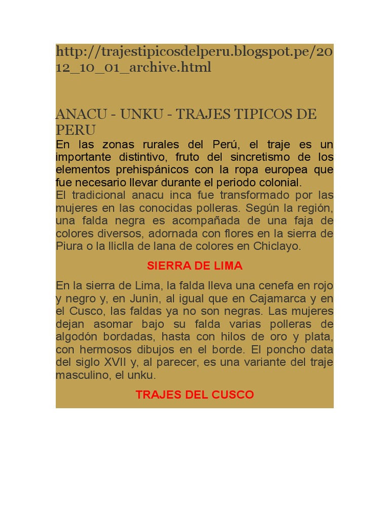 Trajes Típicos del Perú: Anacu y Unku | PDF | Traje (ropa) | Ropa