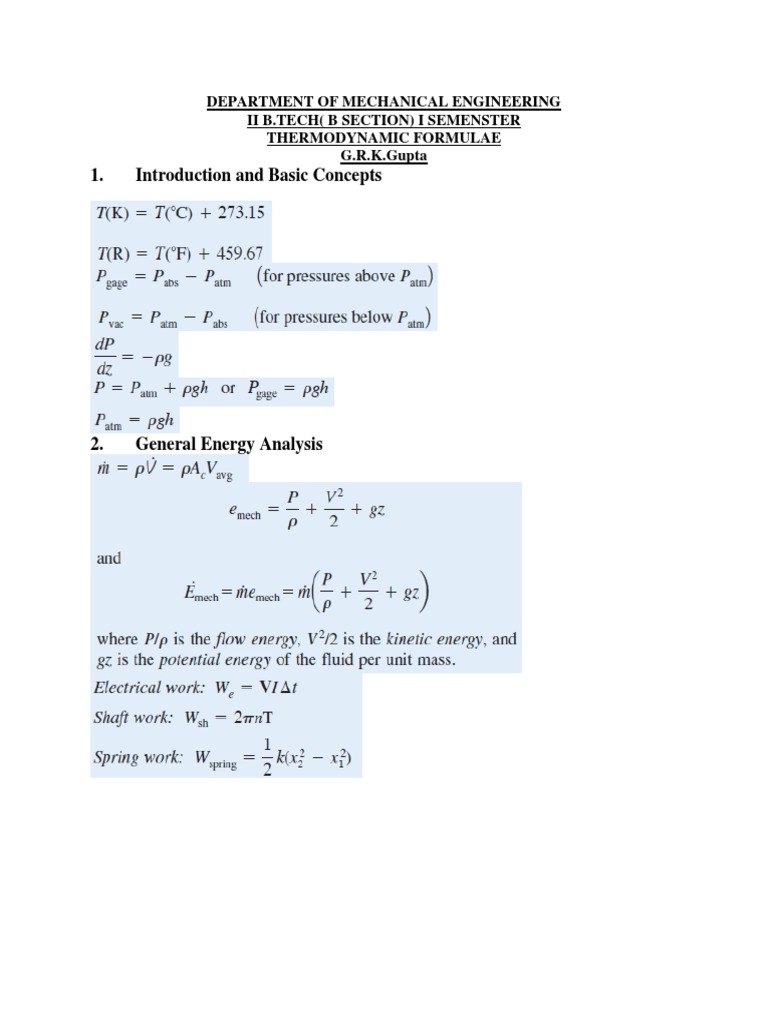 Thermodynamics Formula Sheet